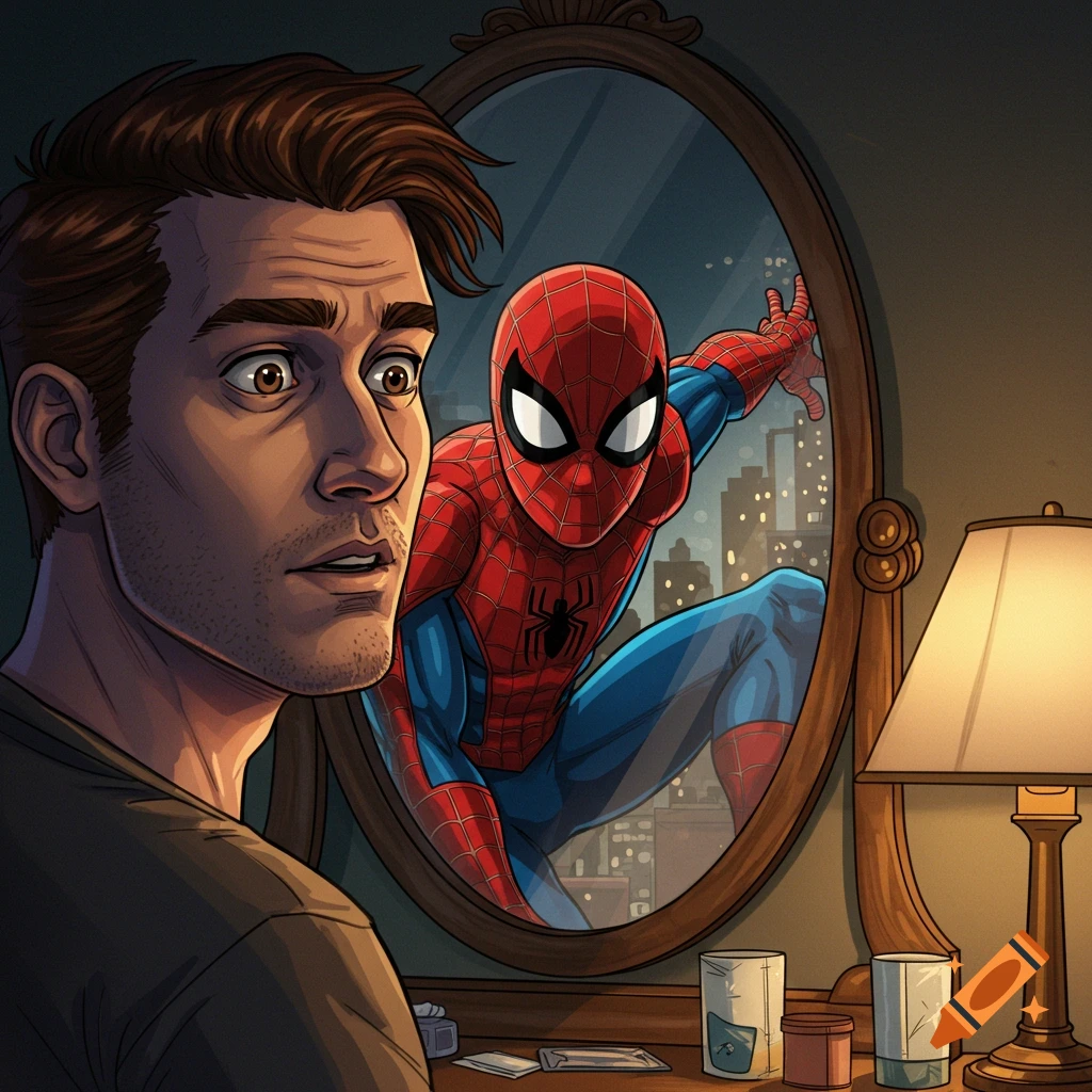 An illustration of a man looking in a mirror, seeing Spider-Man's ...