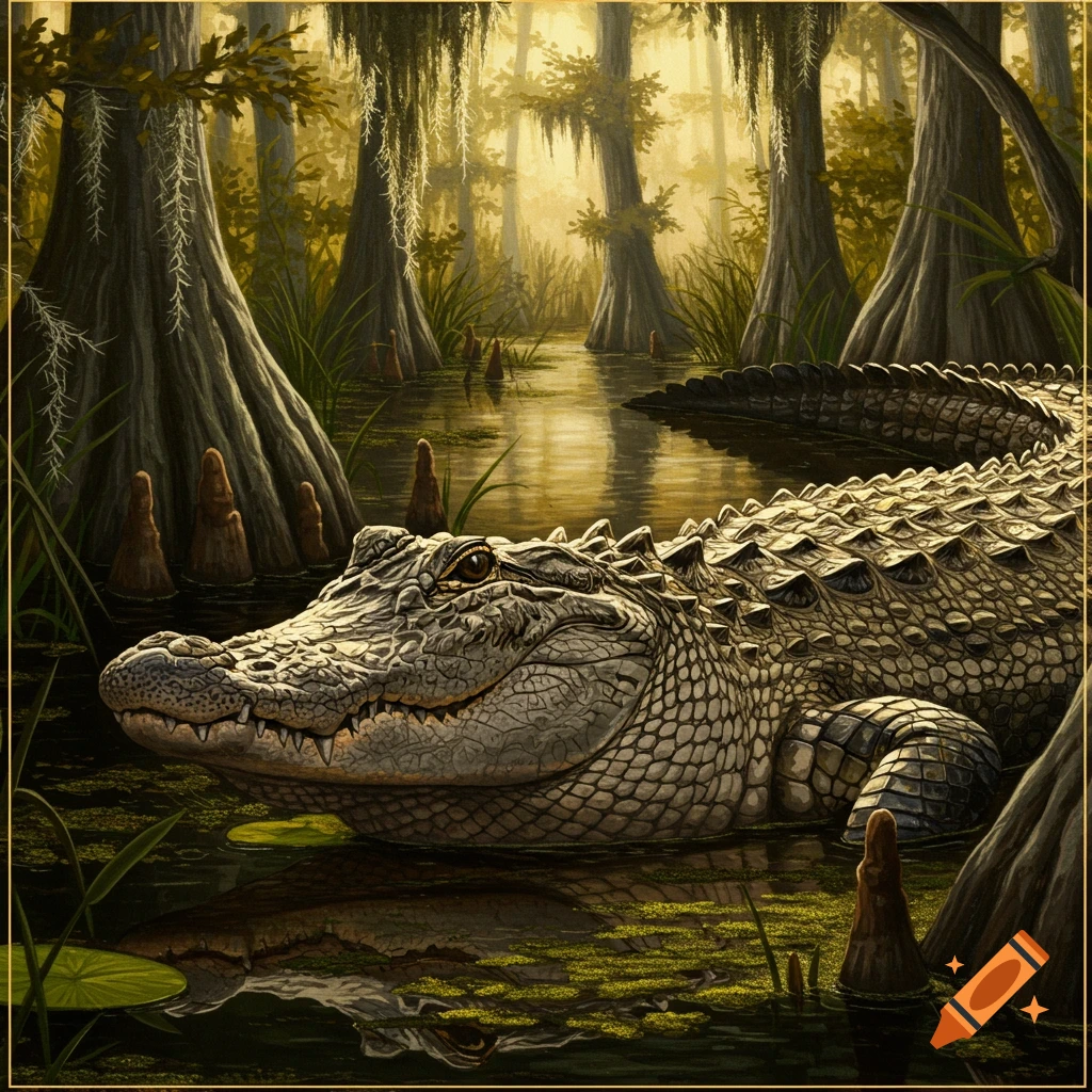 Detailed illustration of an alligator in a swamp. on Craiyon