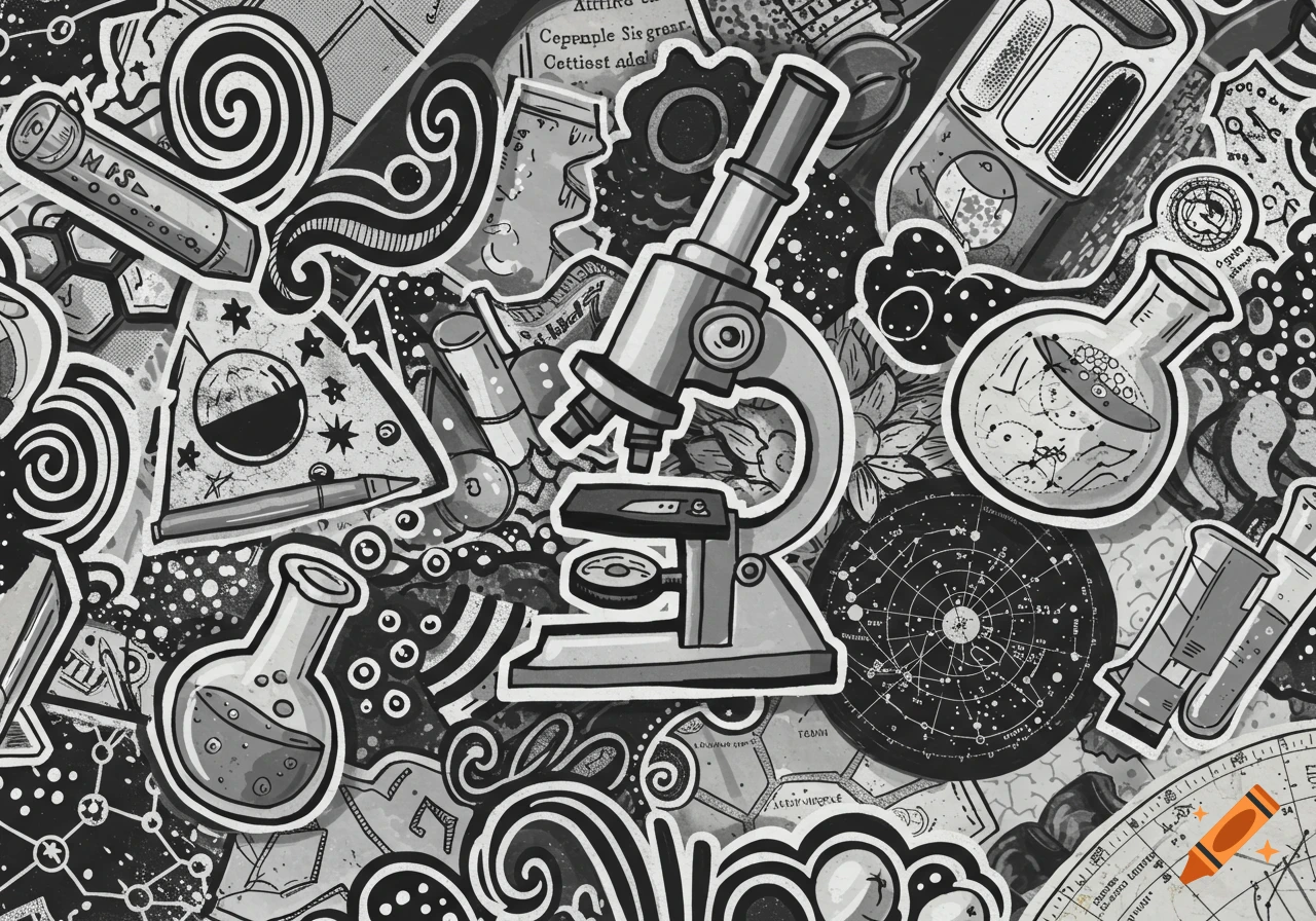 Black and white collage of science items like a microscope, flasks, and ...