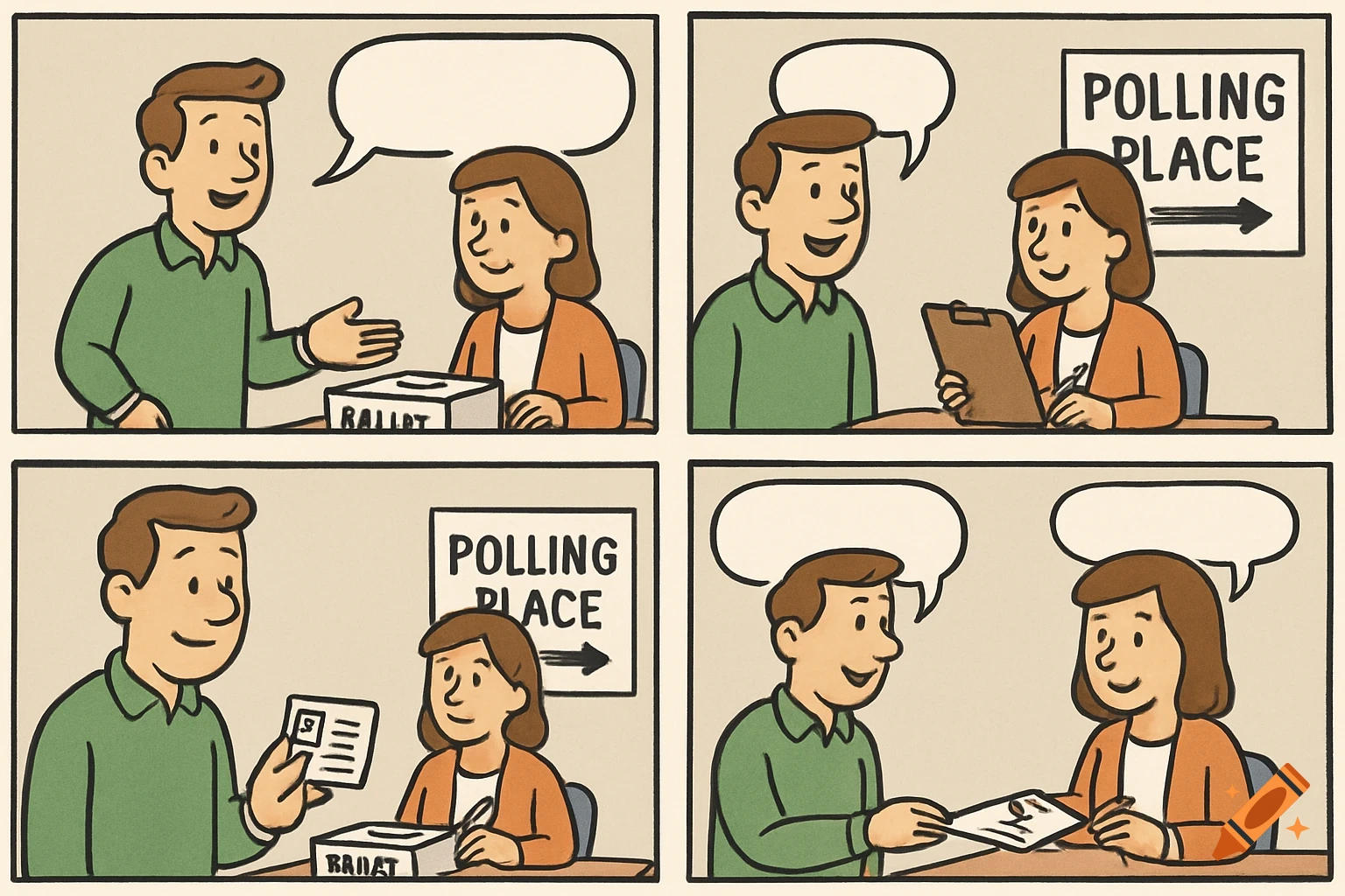 Four-panel cartoon shows a voter checking in and receiving a ballot at ...