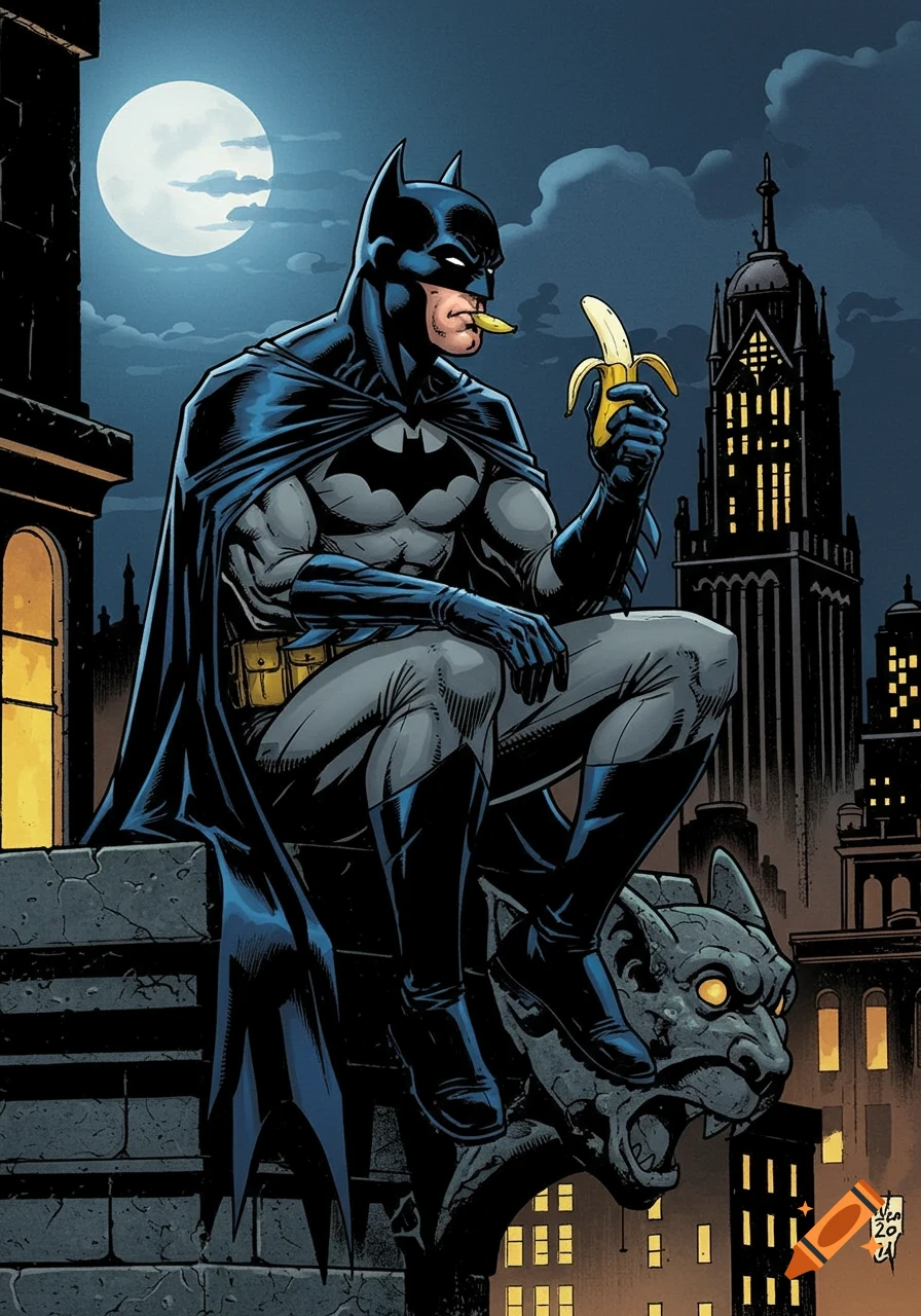 Batman in comic book style sits on a gargoyle on a rooftop at night ...