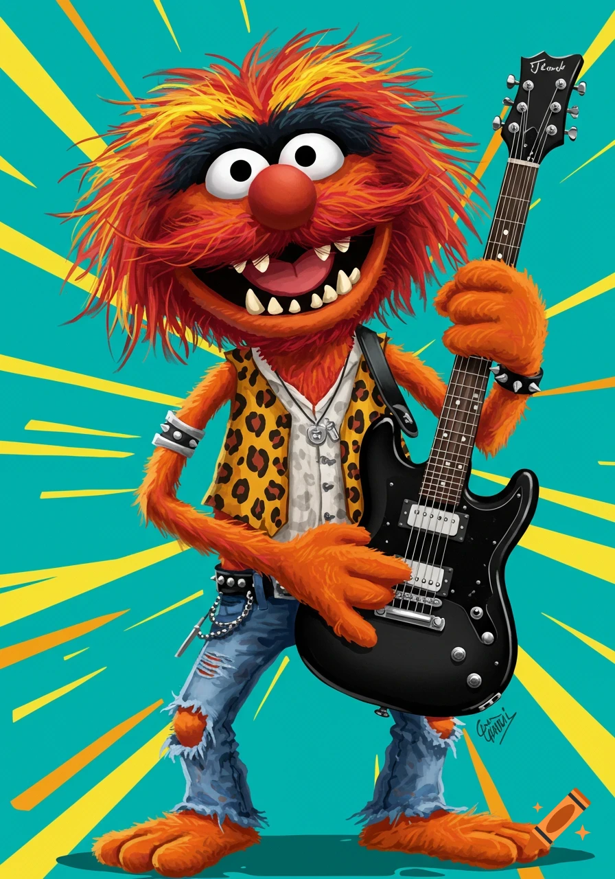 Animal from the Muppets playing a black electric guitar in a vibrant ...