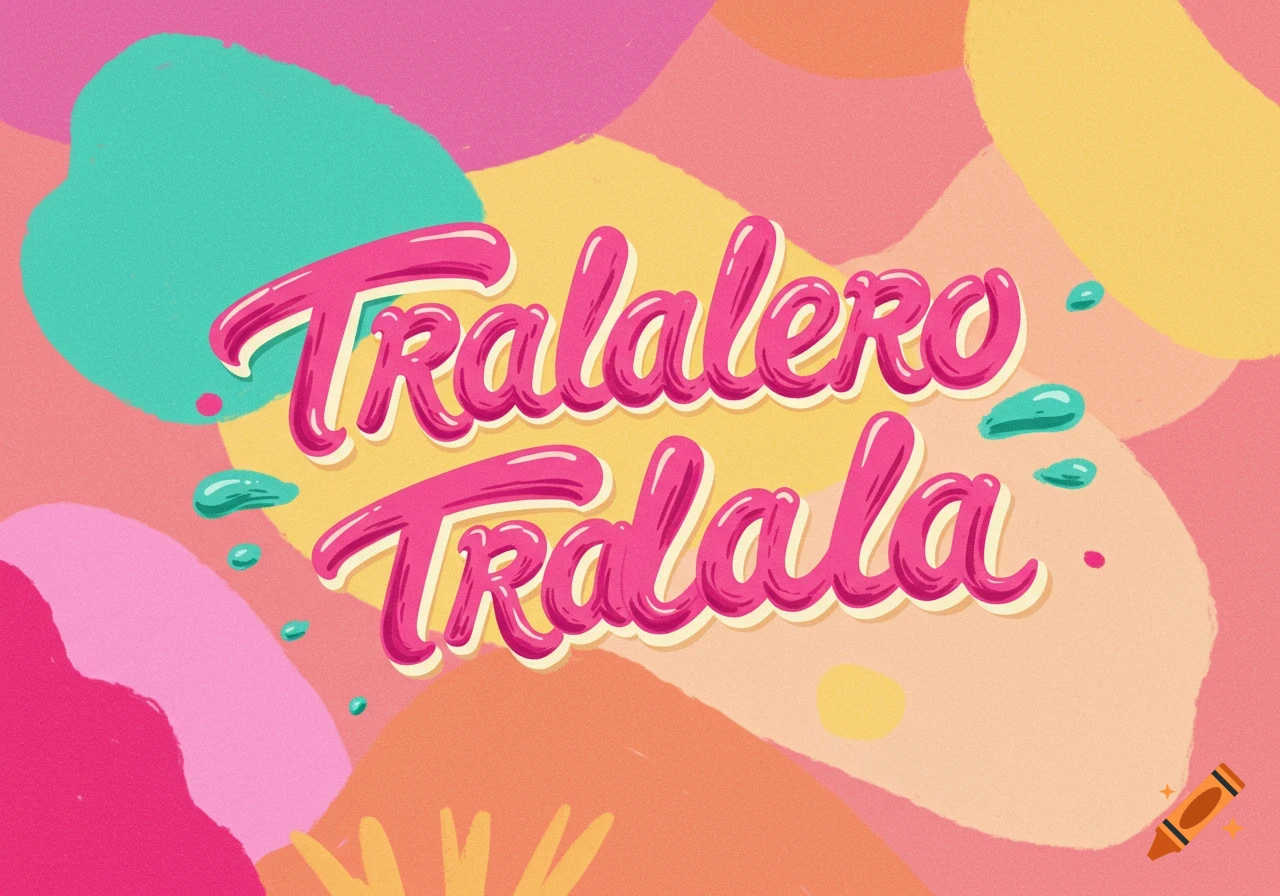 The words 'Tralalero Tralala' in pink bubble letters on a colorful abstract background. on Craiyon