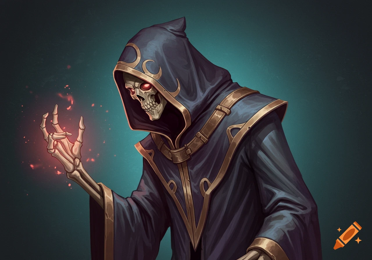 Skeletal figure in dark hooded robe holding glowing magic, illustrated ...