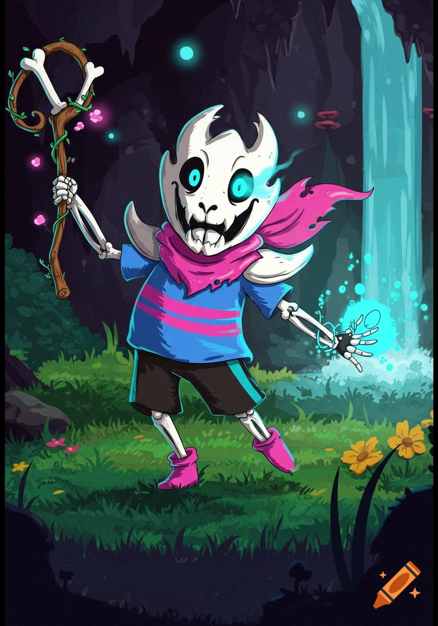 Skeletal character like Sans from Undertale holding a staff in a cave ...