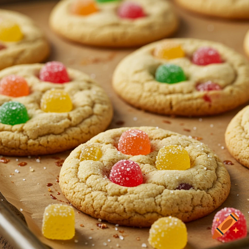 Close-up photo of gumdrop cookies on a baking sheet. on Craiyon