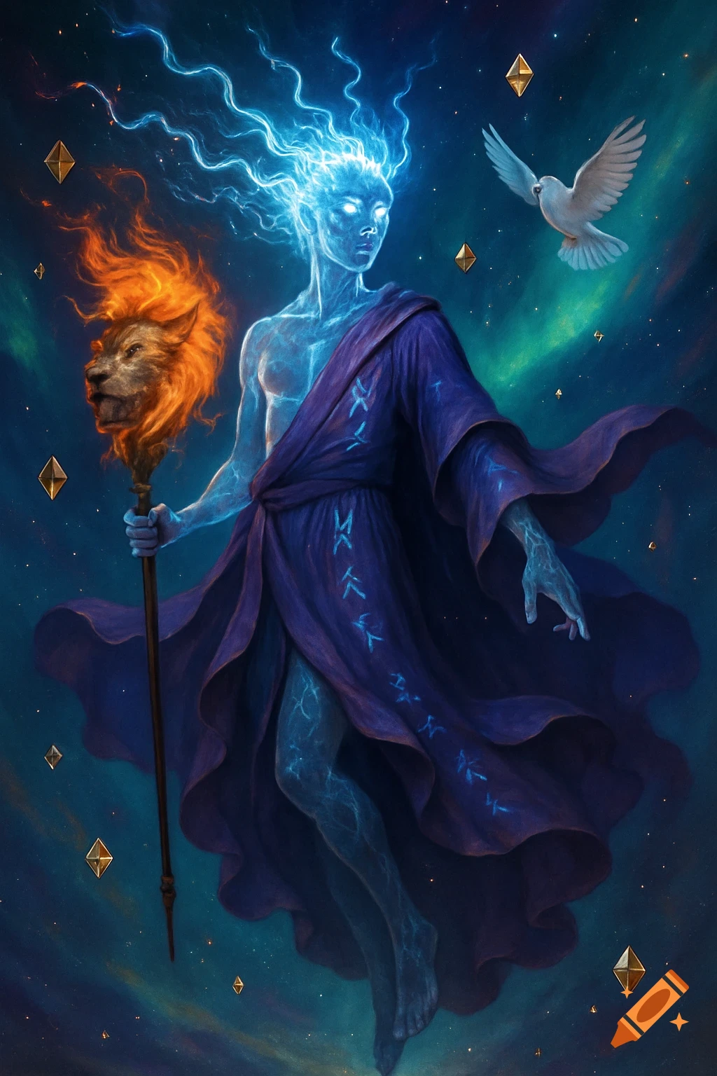 Digital painting of a celestial being with lightning hair, purple robe ...