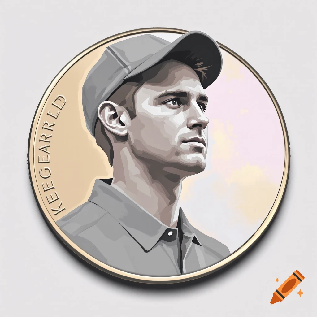 Stylized profile portrait of a man wearing a cap on a coin on Craiyon