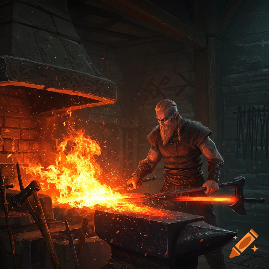 Viking blacksmith forging metal in a fiery forge. on Craiyon
