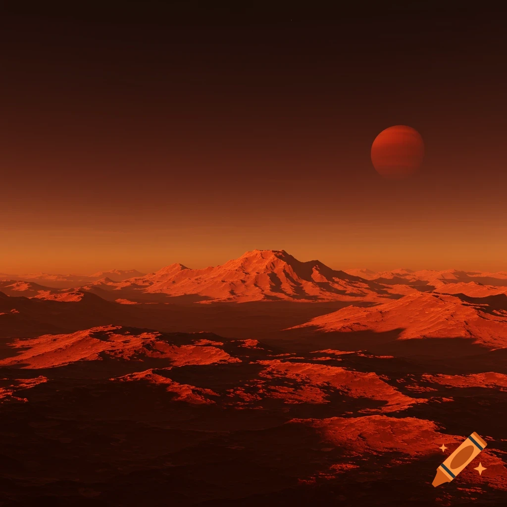 Rocky red landscape on an alien planet under an orange sky with a large ...