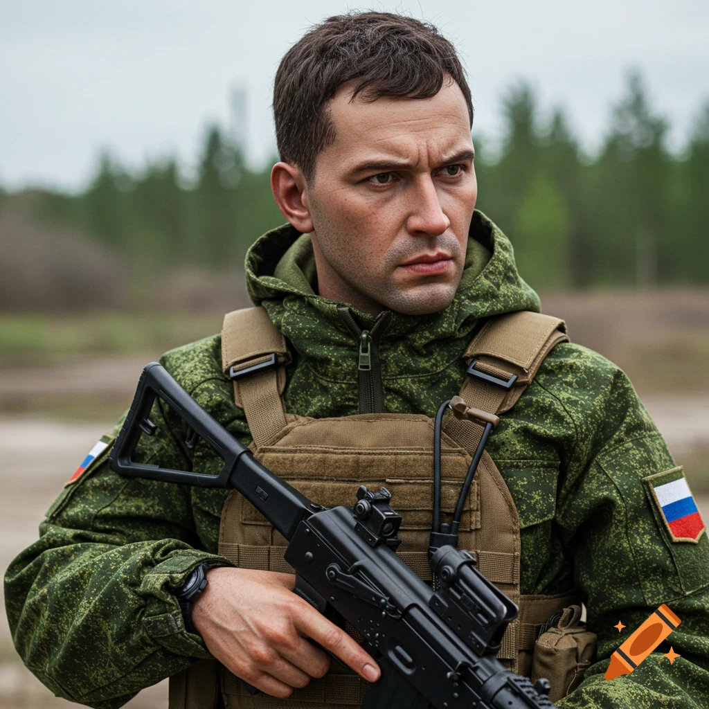 Realistic portrait of a man in Russian military camouflage holding a ...