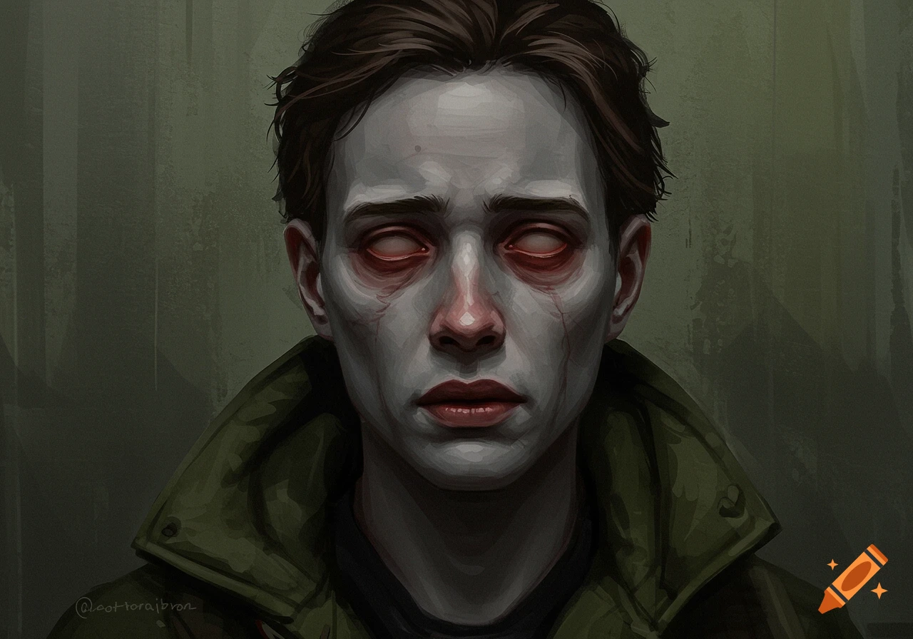 Stylized portrait of a pale person with red eyes and a vacant stare. on ...