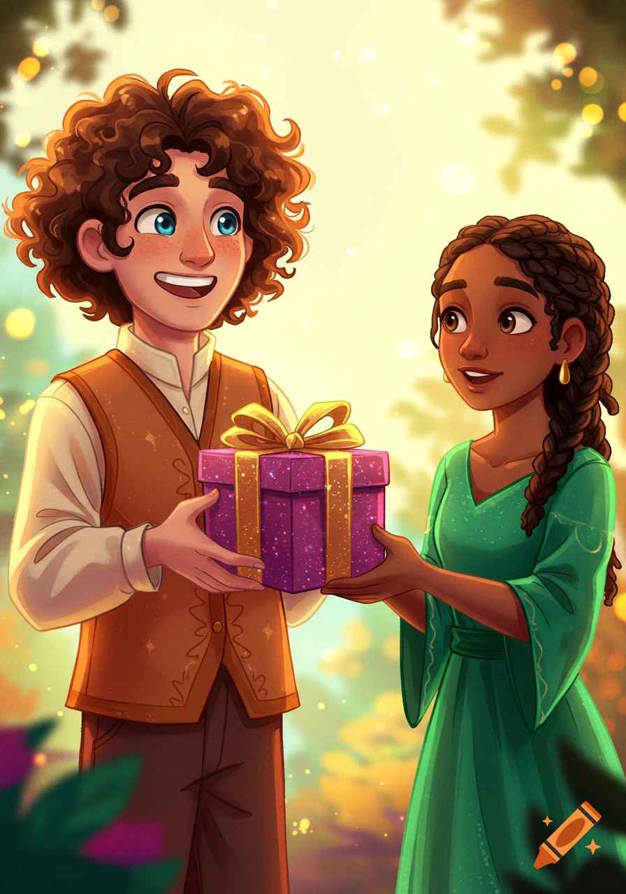 Smiling cartoon characters exchange a glittering gift box. on Craiyon