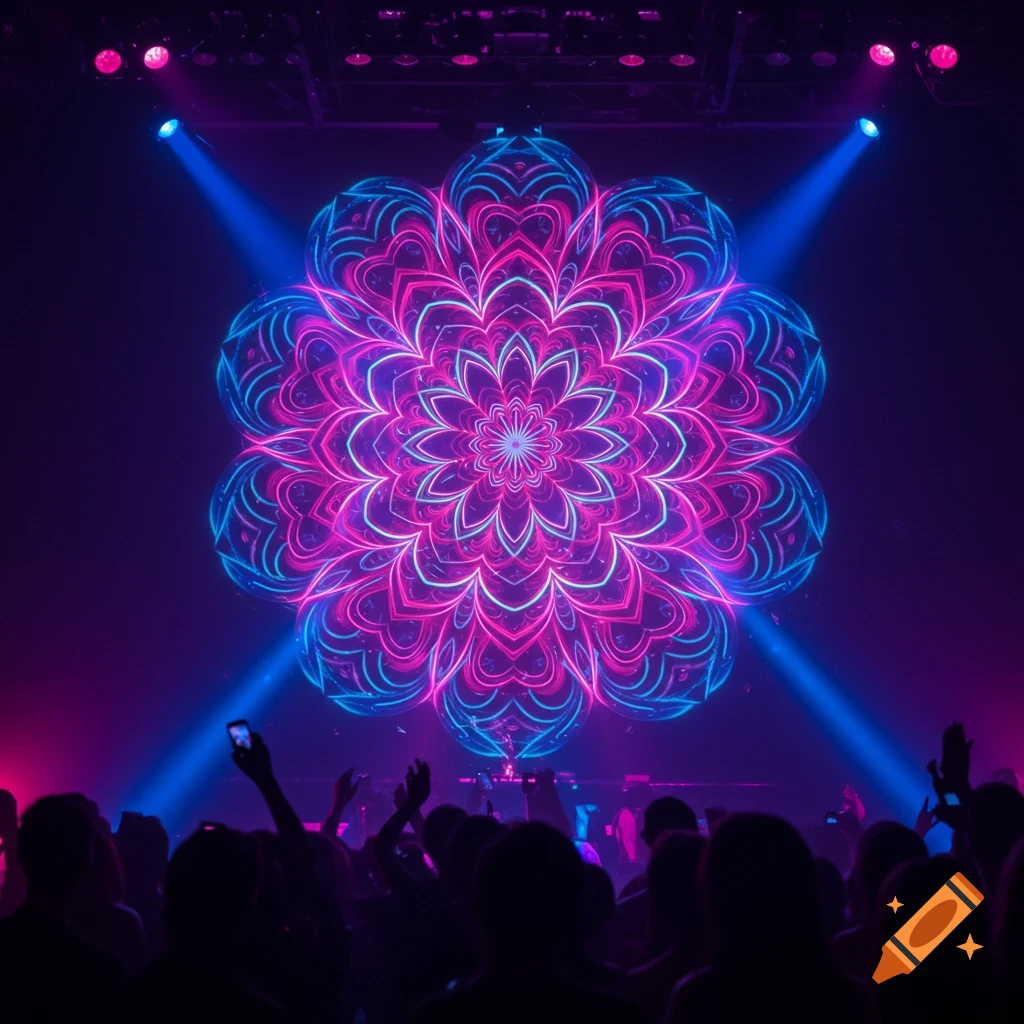 Crowd watches a glowing pink and blue mandala projection with ...