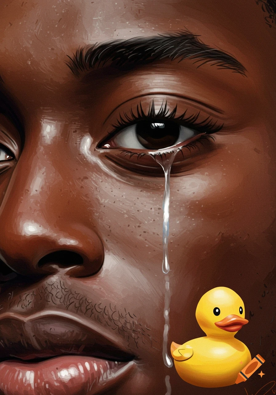 A close-up digital painting of a face with a tear falling and a small ...