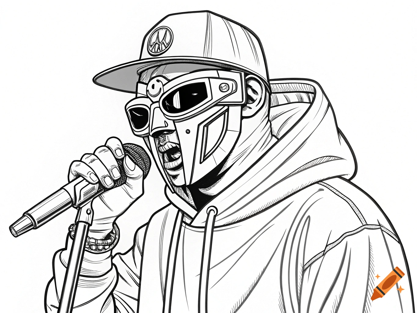 Black and white line drawing of MF Doom in a mask and hat, rapping into ...