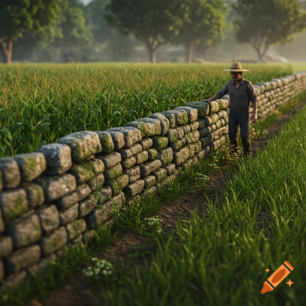 A farmer walks along a stone wall next to a field of tall crops. on Craiyon