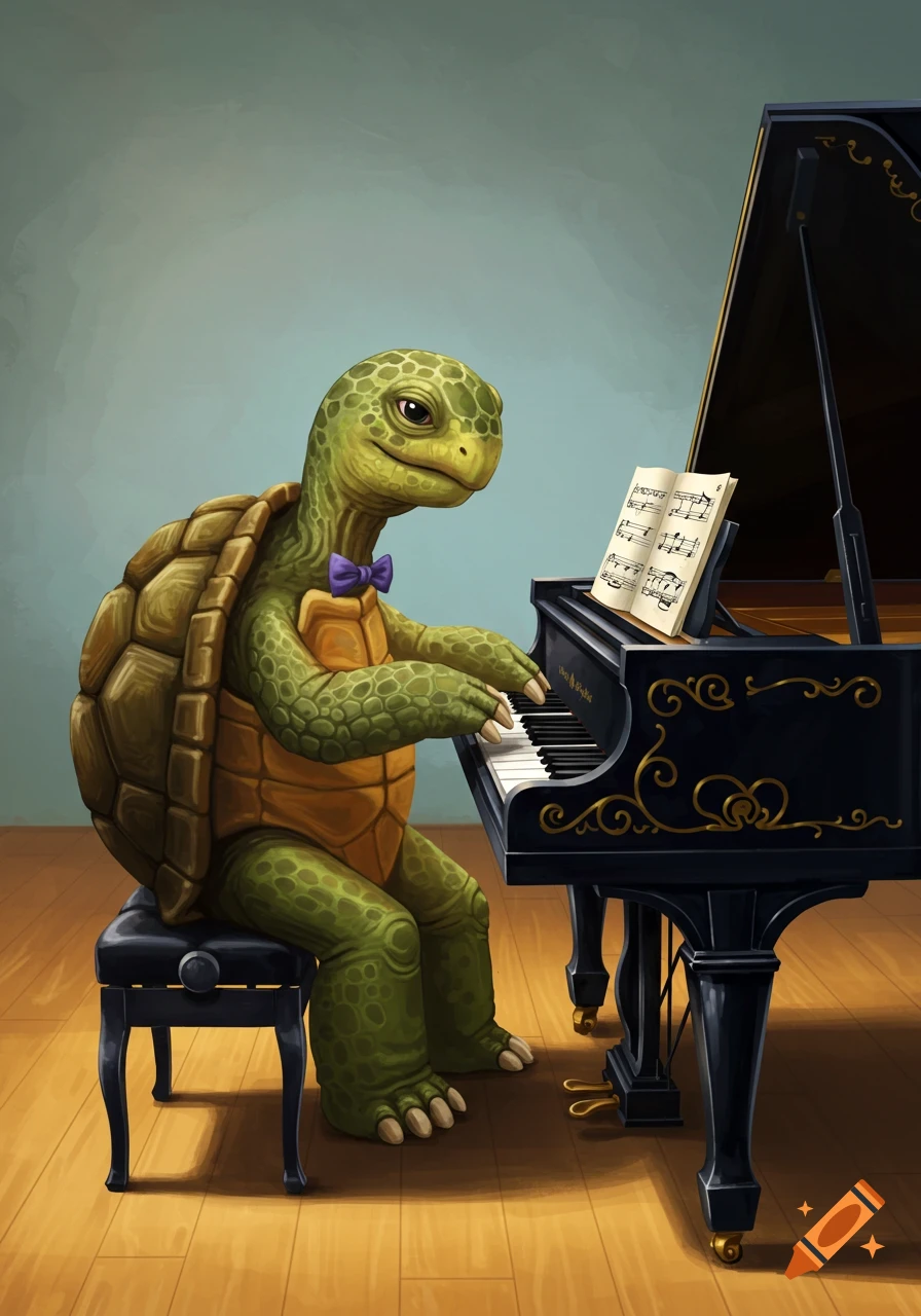 An illustration of a turtle wearing a bow tie playing a grand piano ...