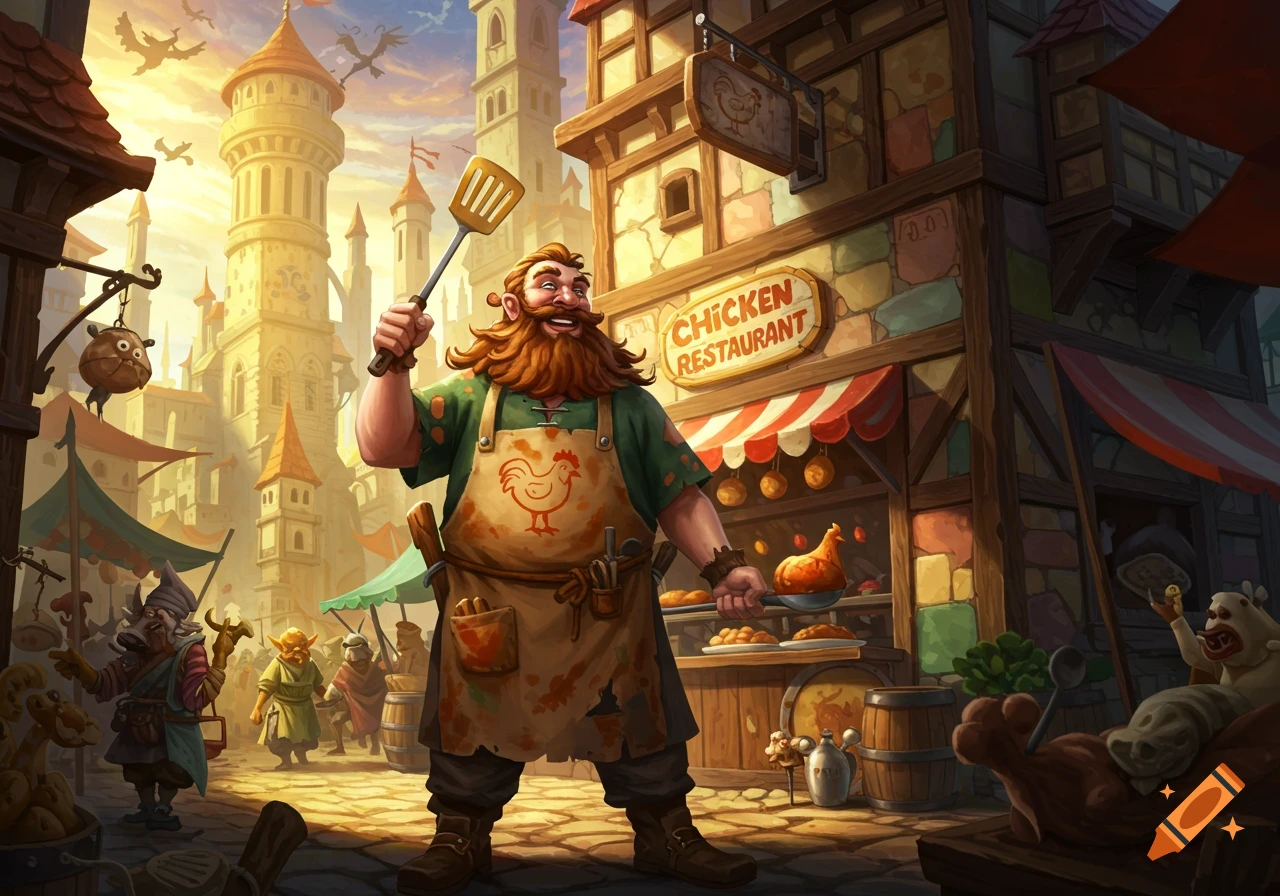 A cheerful fantasy chef stands outside his chicken restaurant, holding ...