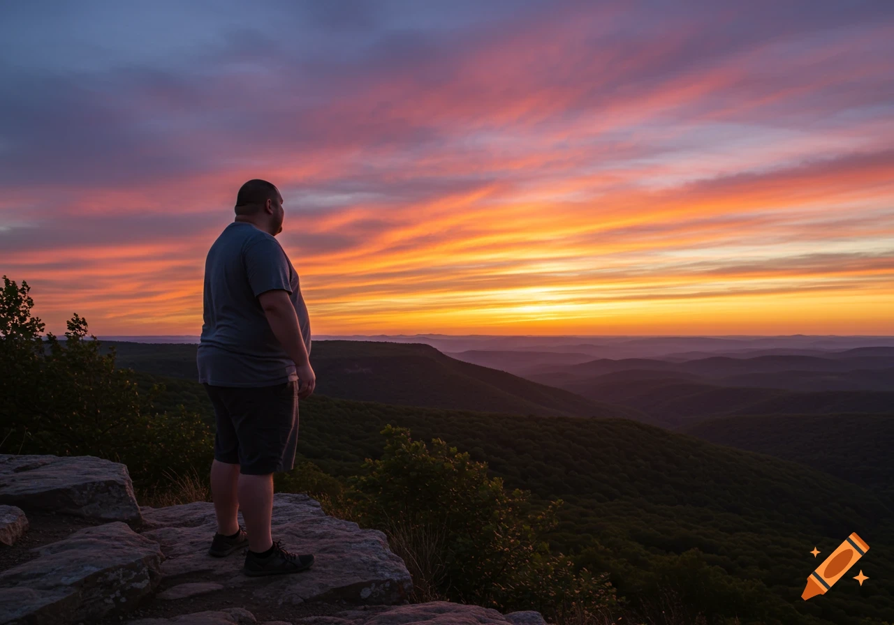 A man stands on a rocky cliff looking out at a vibrant sunset over ...