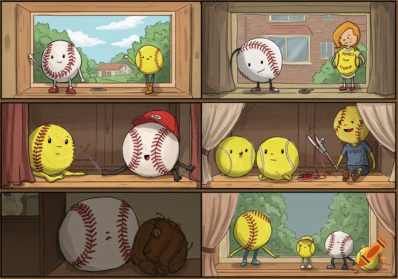 Multi-panel cartoon comic strip showing anthropomorphic baseball ...