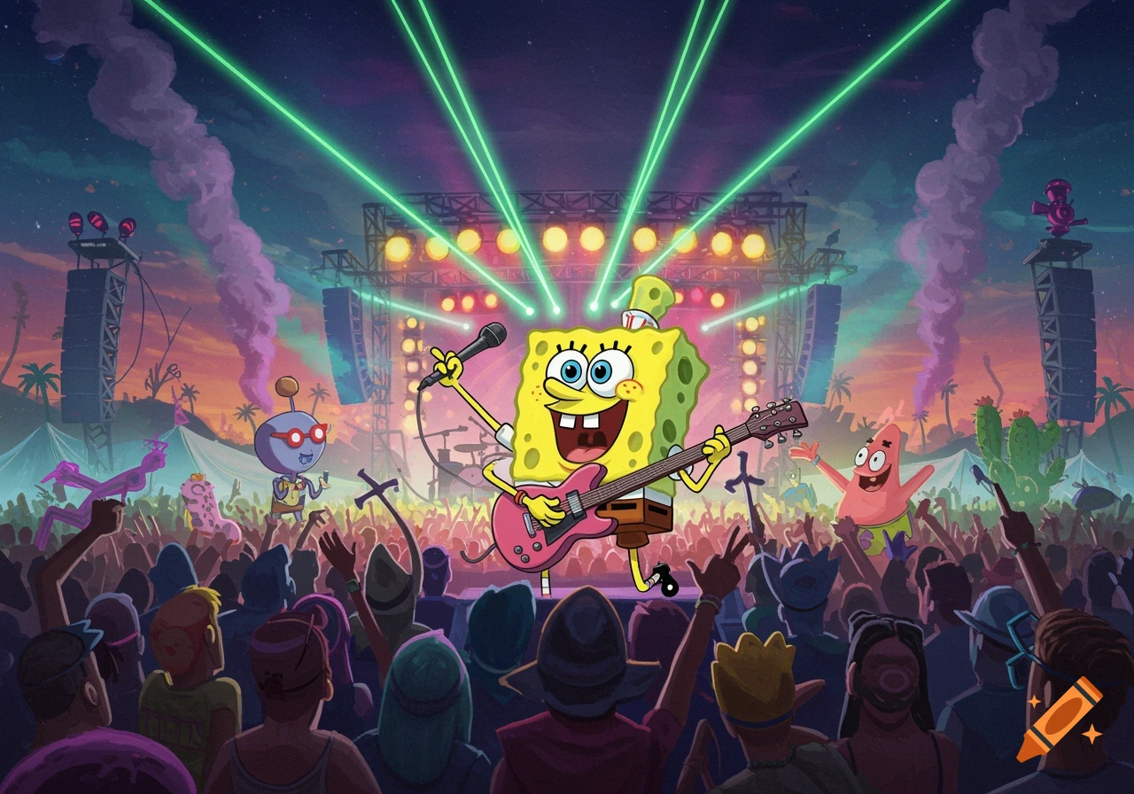 SpongeBob performs live on stage at a concert with Patrick and other ...