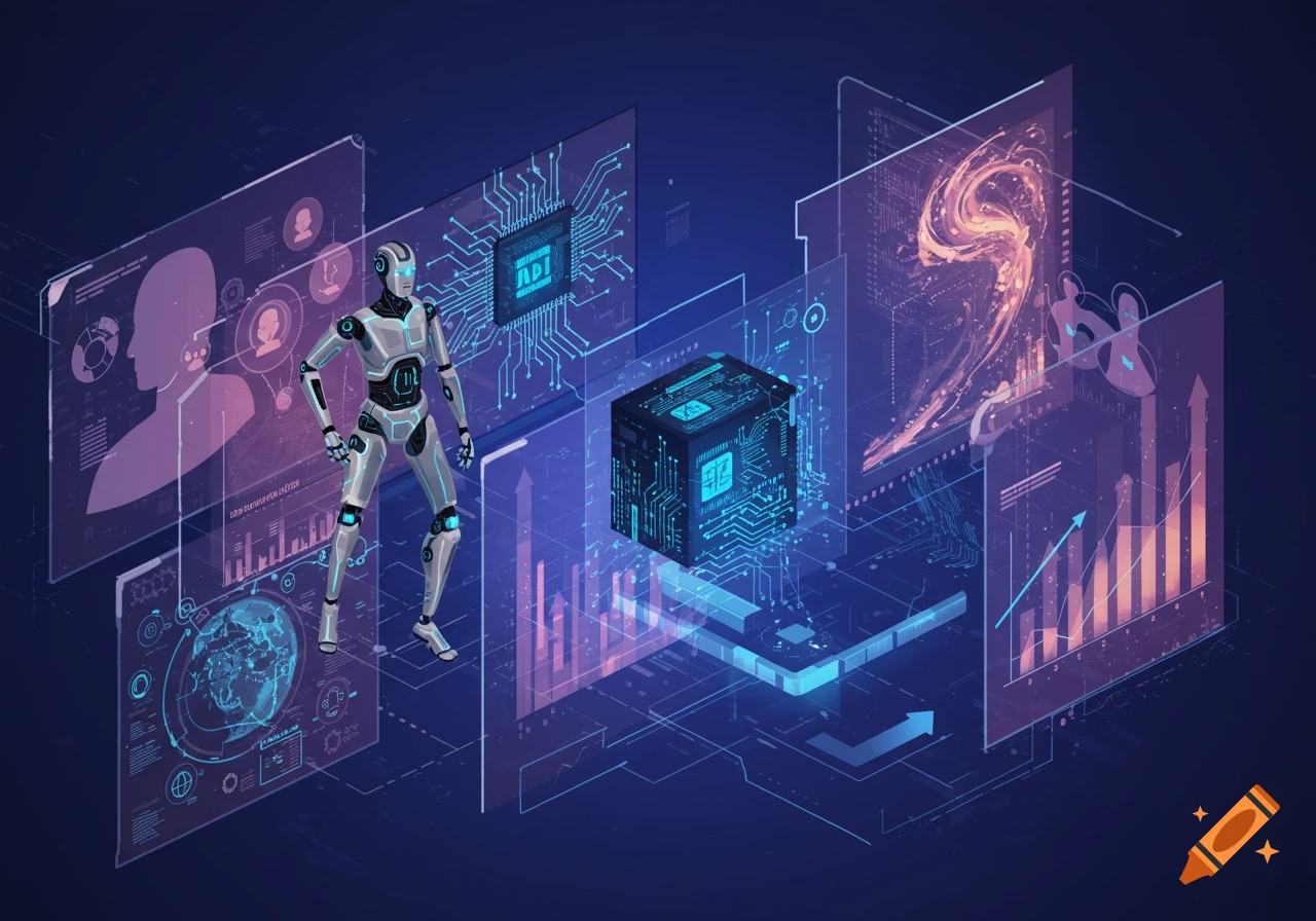 Futuristic illustration of a robot and holographic screens displaying ...