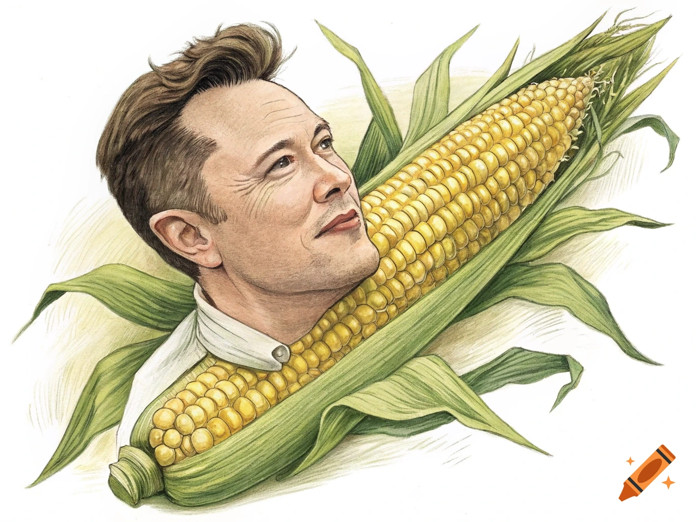 Illustration of Elon Musk's head attached to a corn on the cob on Craiyon