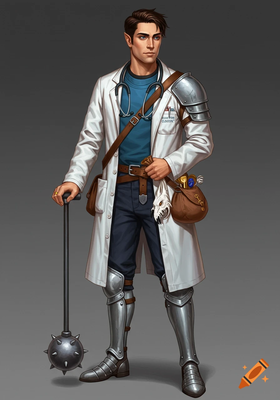 Full-body illustration of a fantasy doctor/cleric hybrid with elf ears ...