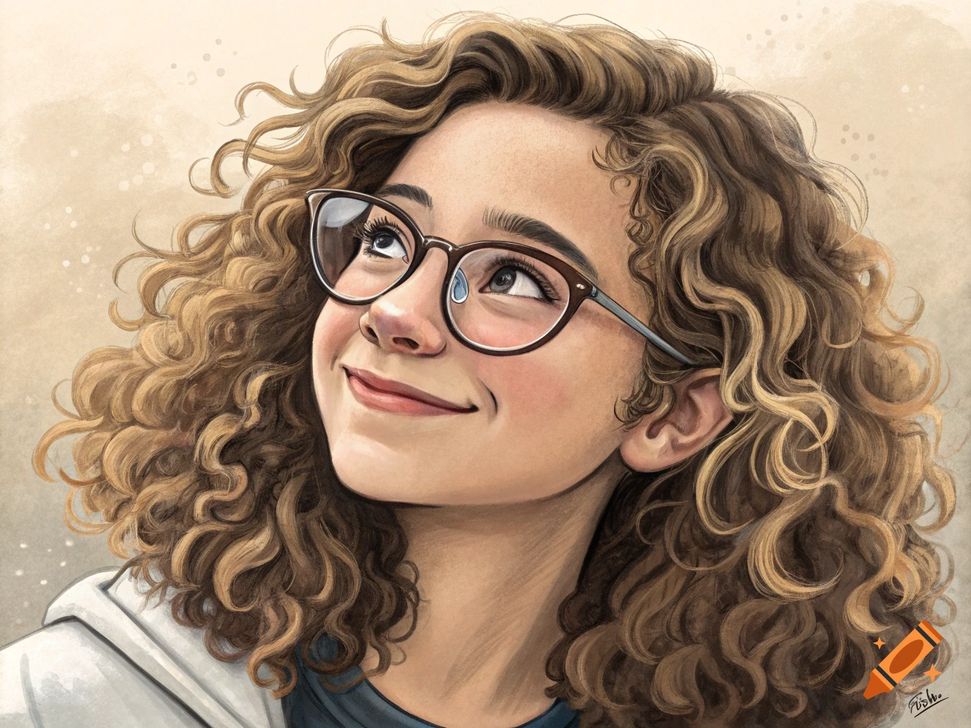 An illustrated portrait of a young girl with curly hair and glasses looking up. on Craiyon
