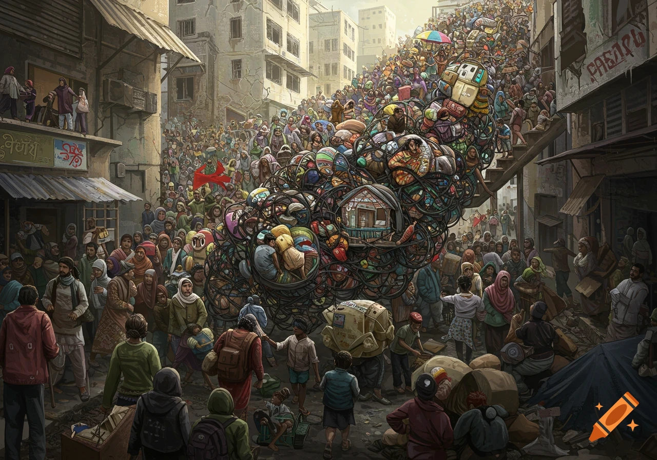 Illustrative painting of a dense crowd of people packed into a street ...