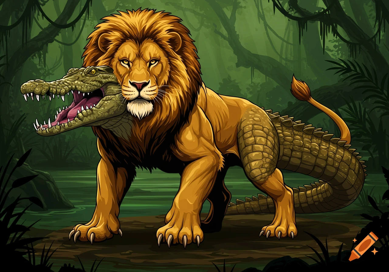 Fantasy creature combining a lion and crocodile in a jungle swamp on ...