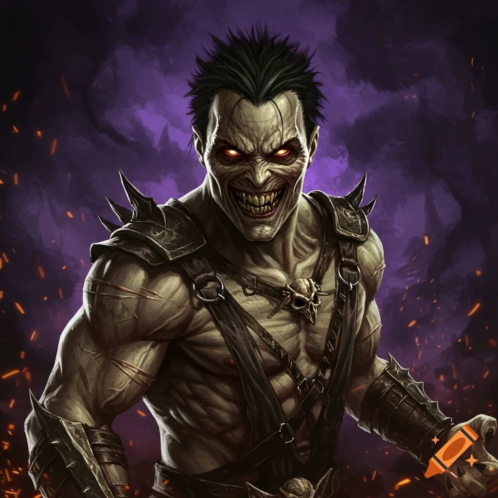 Monstrous character with sharp teeth, glowing eyes, scarred skin, and spikey armor against a ...