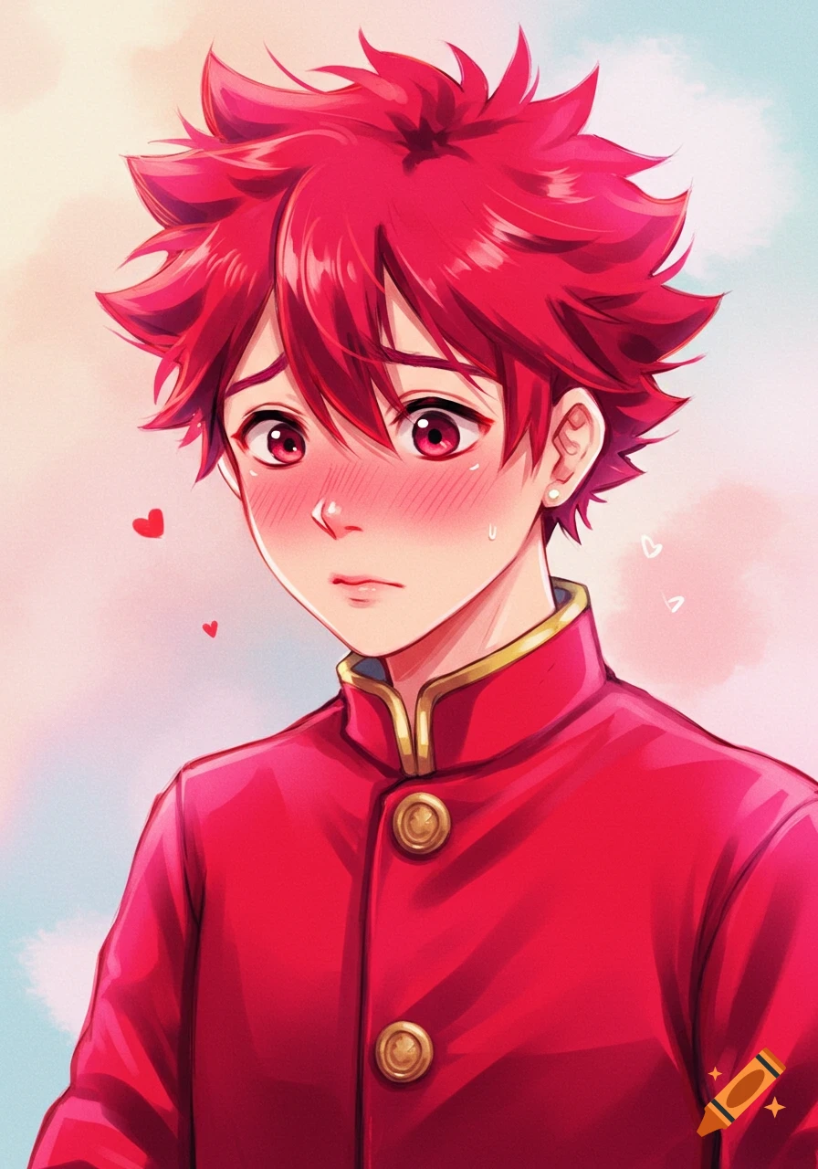 An anime character with spiky red hair and blushing cheeks wears a red ...