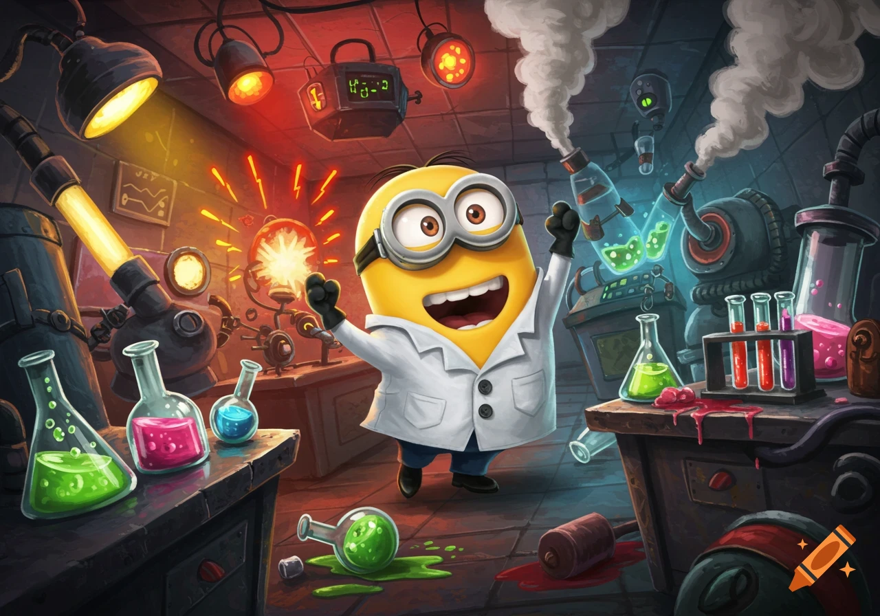 A Minion in a lab coat stands in a cluttered laboratory filled with ...