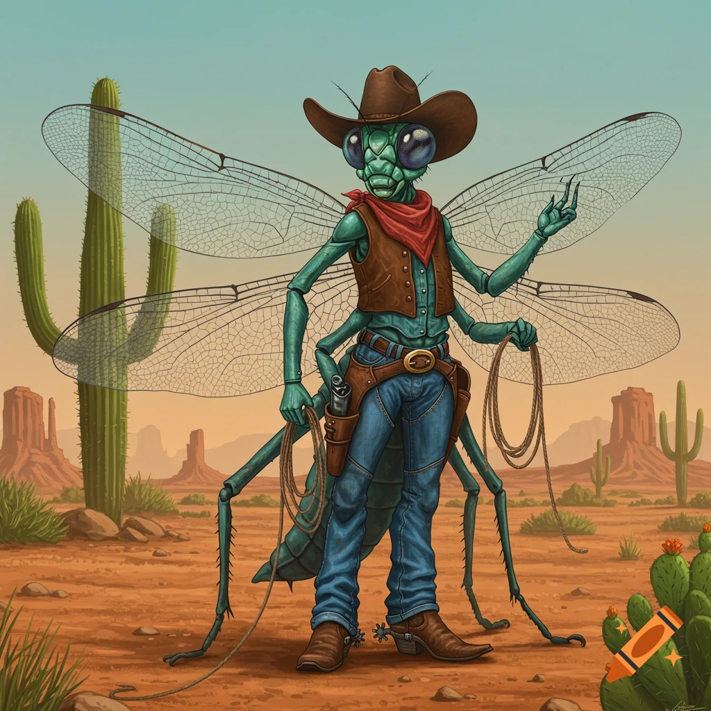 A dragonfly humanoid dressed as a cowboy stands in a desert landscape ...