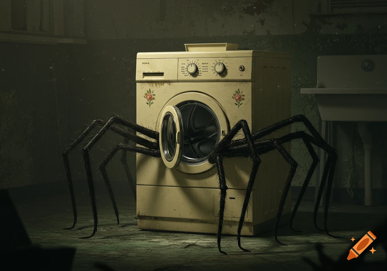 A vintage washing machine stands on spider legs in a dark, grungy room ...