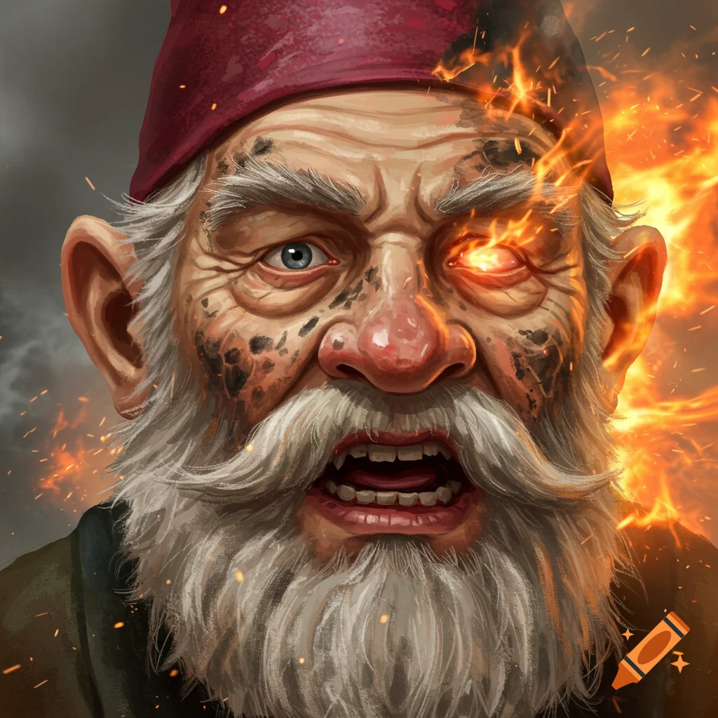 Close-up portrait of an aged gnome with a fiery eye, soot, and singed ...