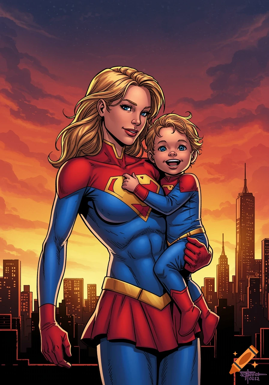 Comic art of a superhero mother holding her child against a city ...