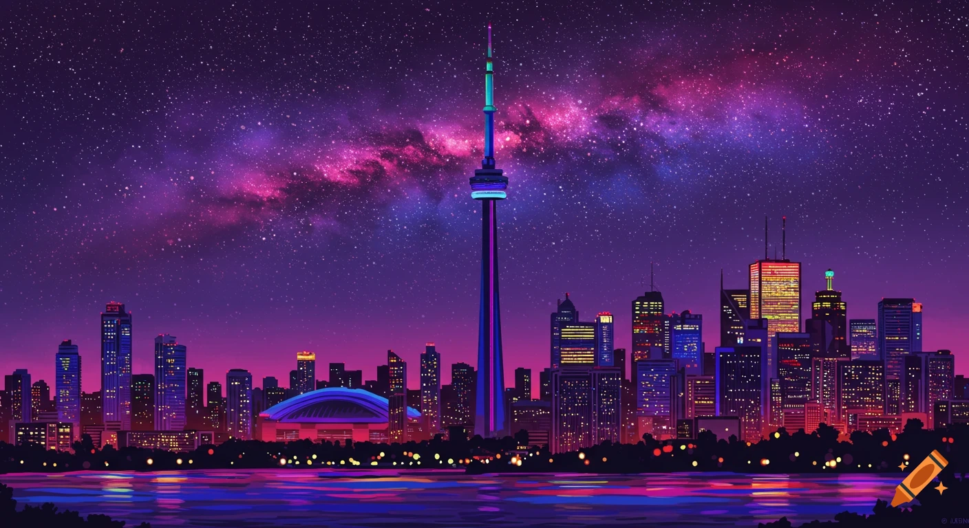Vibrant graphic illustration of the Toronto skyline and CN Tower at ...