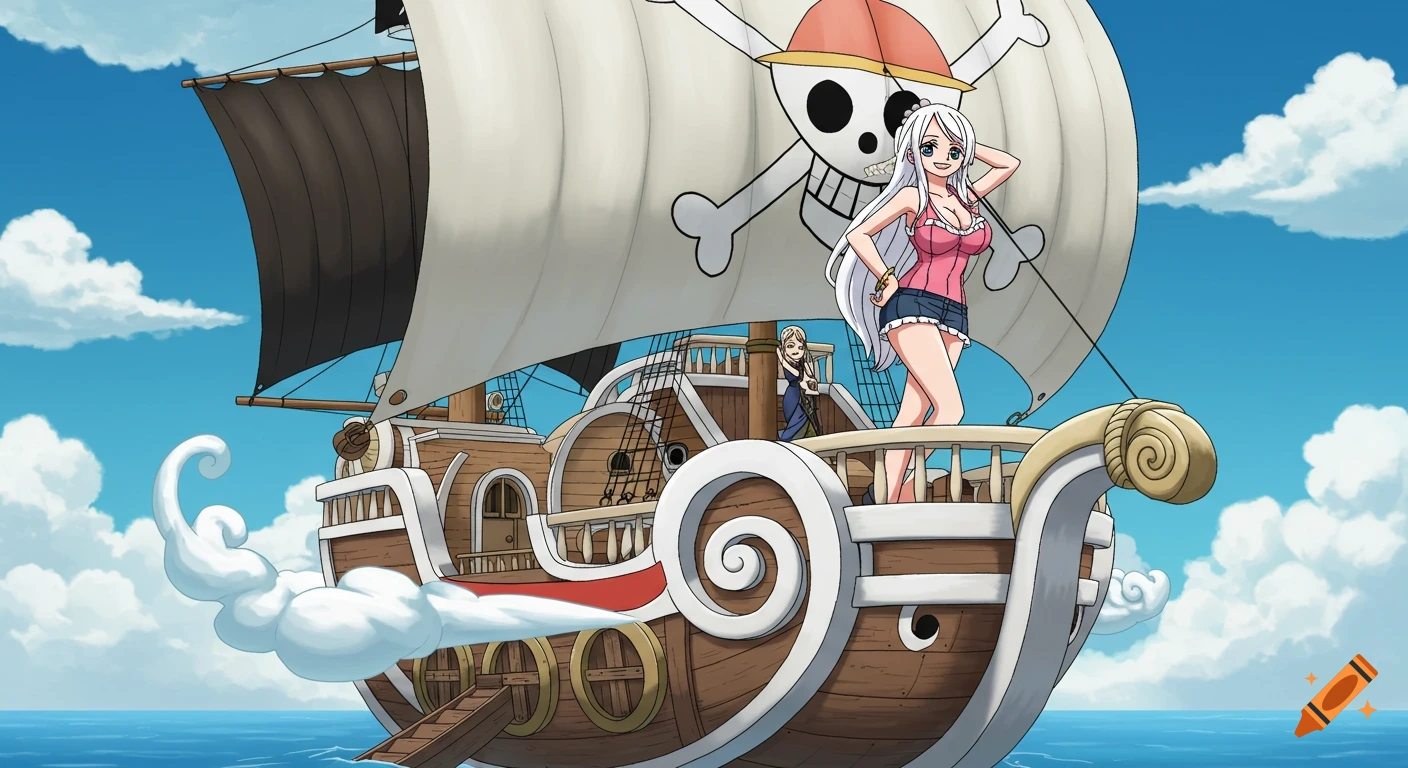 Anime character on a pirate ship with skull sail on Craiyon