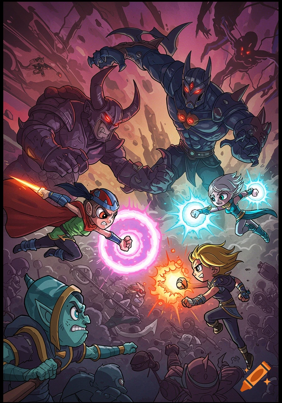 Cartoon style illustration of a battle between small magic users and ...