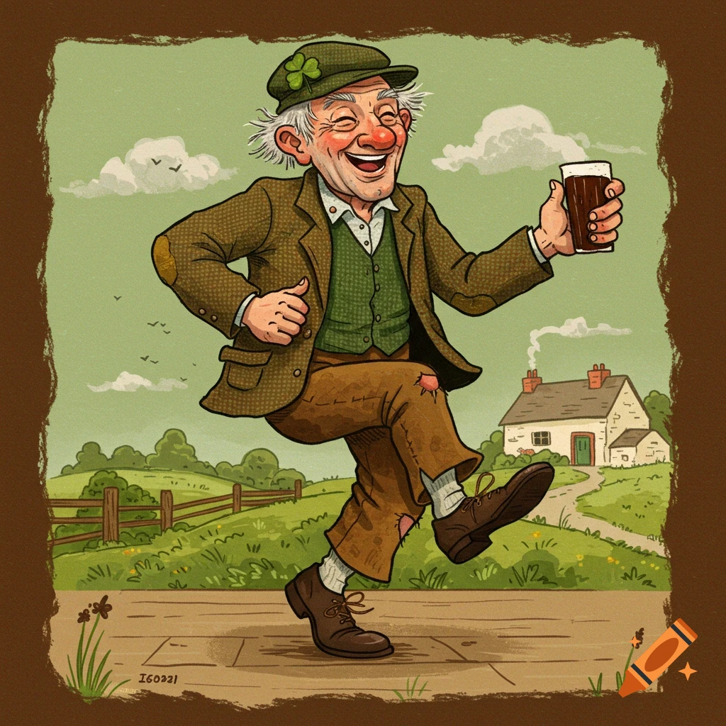 Illustration of a happy old Irish man dancing with a glass of beer in a ...