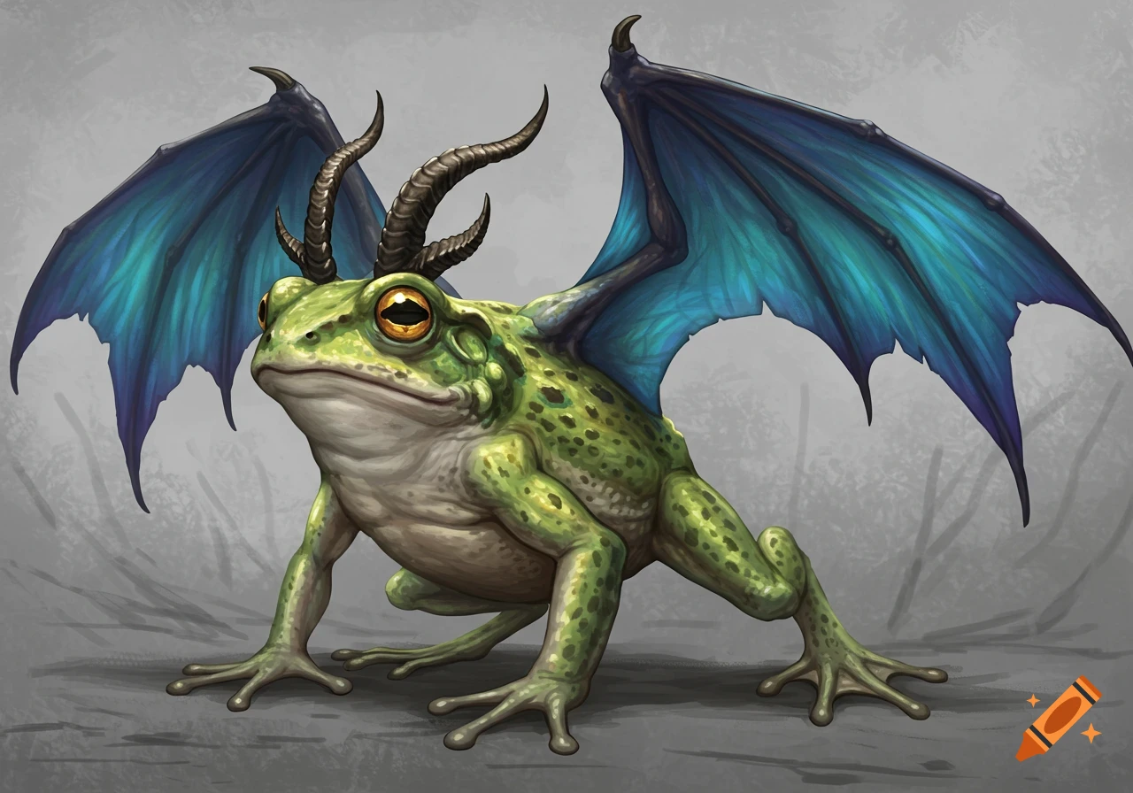 A fantasy creature, a green toad with blue dragon wings and curved goat ...