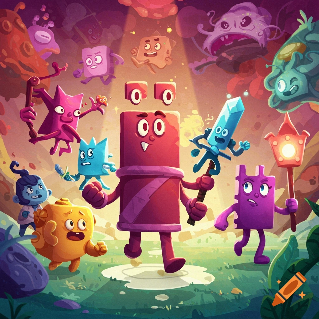 Colorful cartoon monsters and characters in a whimsical fantasy ...