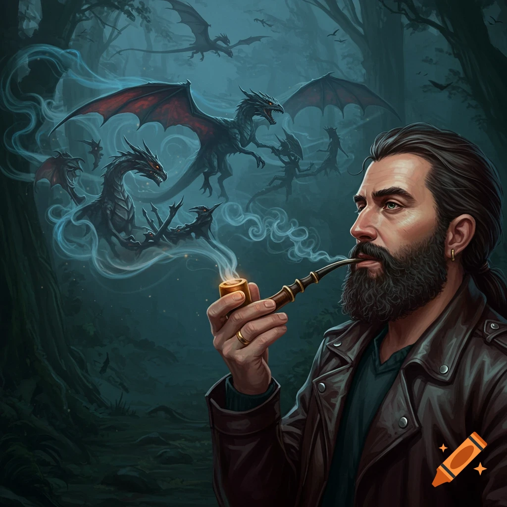 Man smoking a pipe with dragons and imps appearing in the smoke in a ...