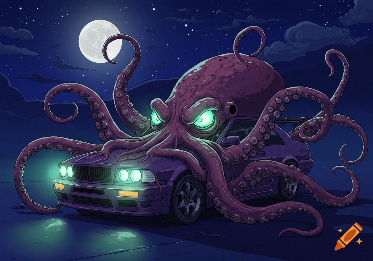 Graphic illustration of a giant purple octopus on a purple car under a ...