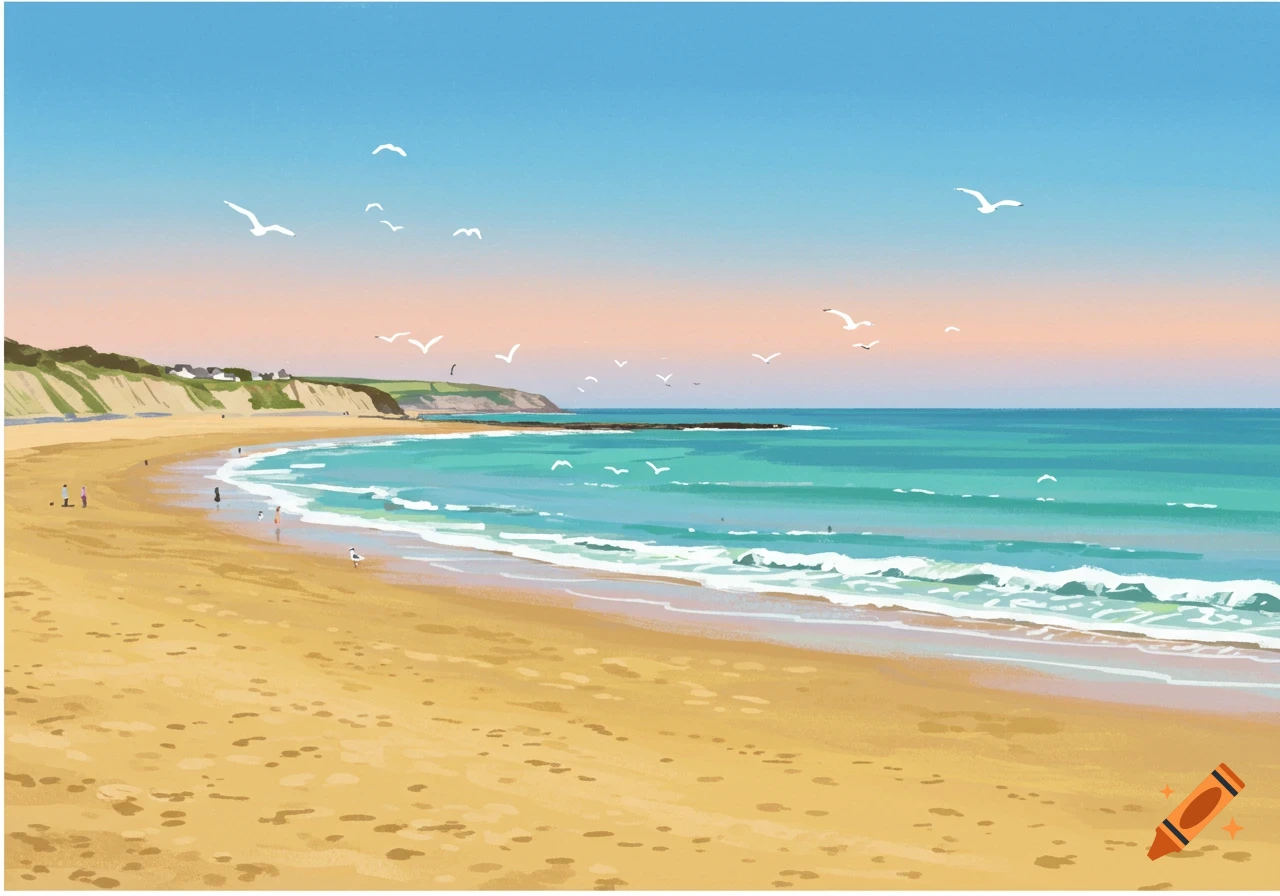 Stylized illustration of a beach with people, seagulls, and gentle ...
