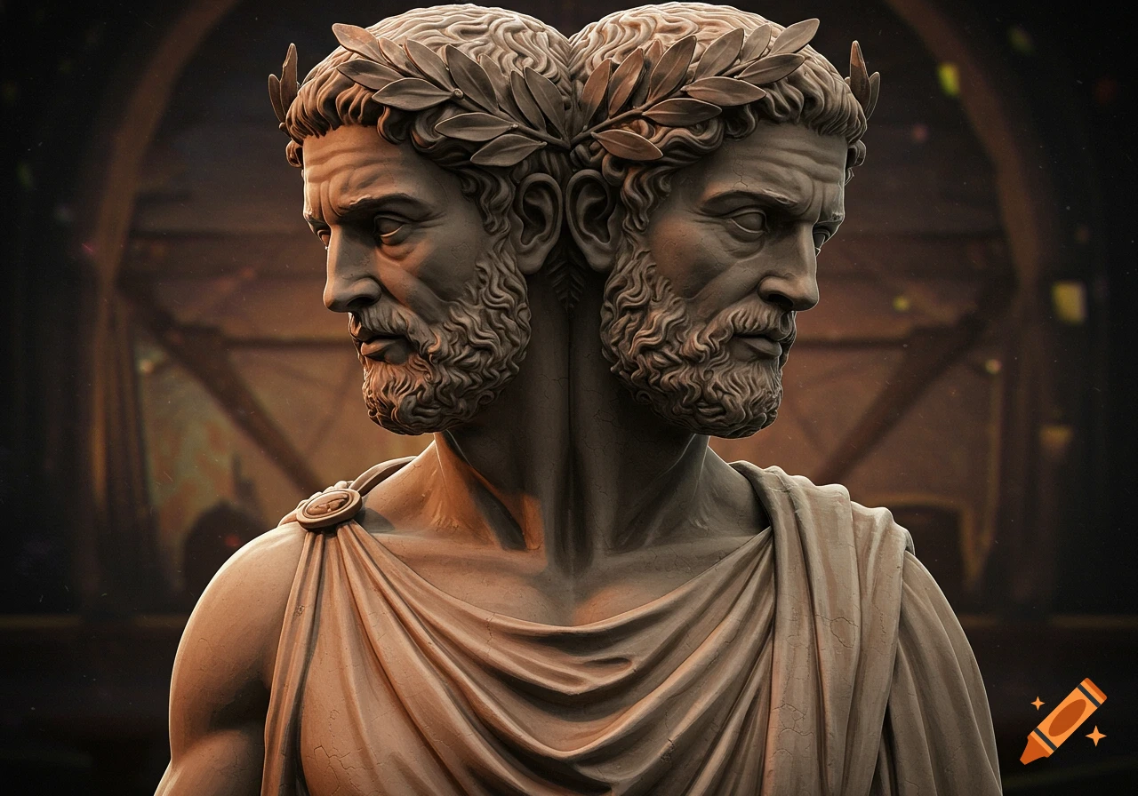 A sculpture of Janus, the Roman god, with two faces looking opposite ...