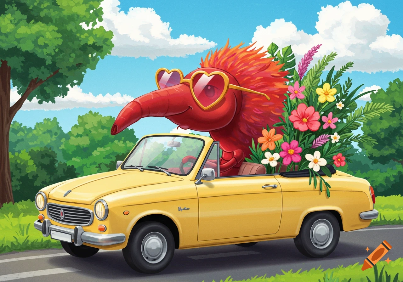 Cartoon red creature with heart sunglasses drives a yellow convertible ...